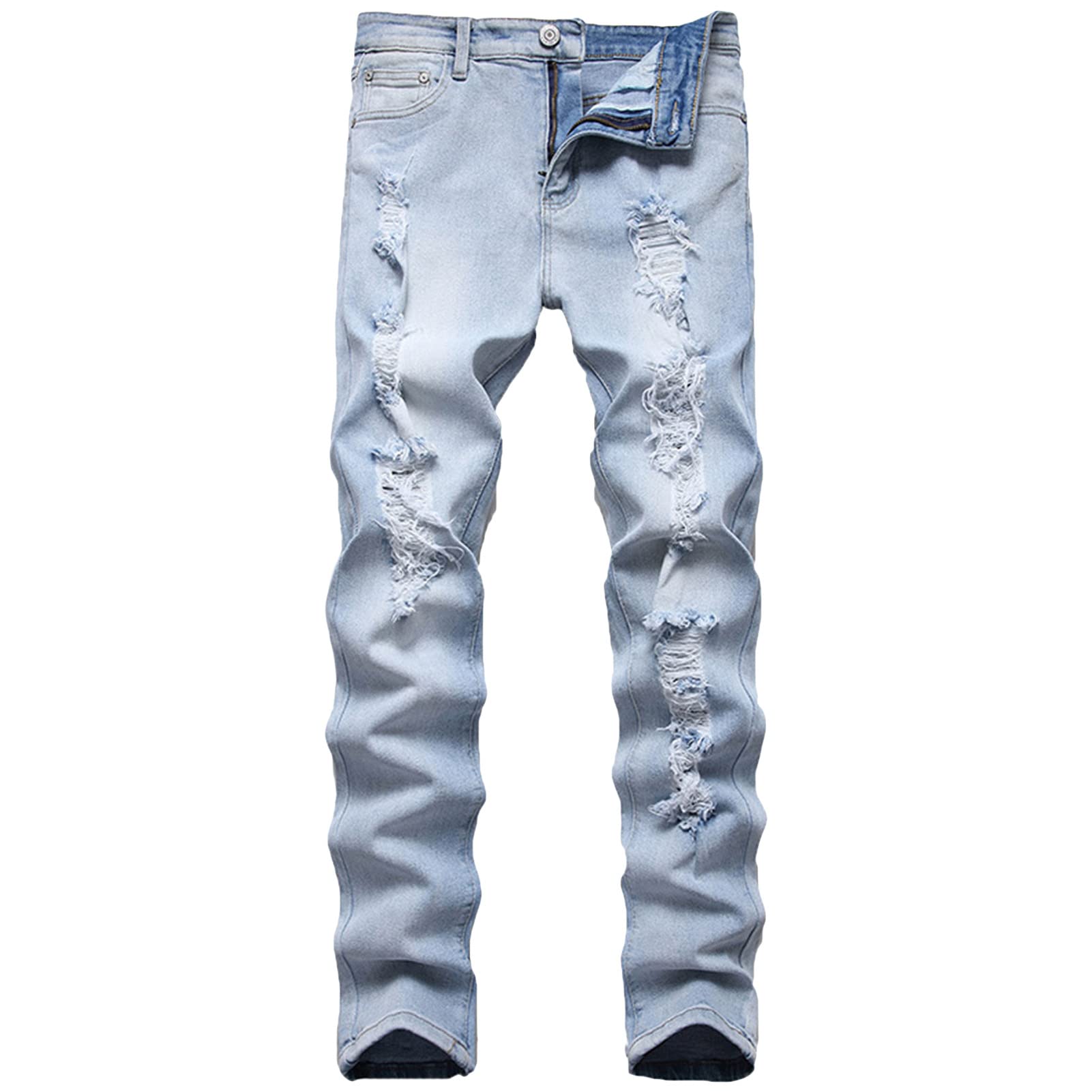 Maiyifu-GJ Ripped Slim Fit Jeans for Men Distressed Destroyed Straight Leg Denim Pants Retro Hip Hop Washed Jean Trousers (Light Blue 2,30)