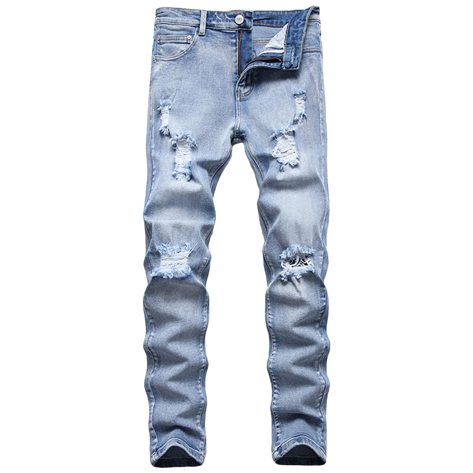 Maiyifu-GJ Ripped Slim Fit Jeans for Men Distressed Destroyed Straight Leg Denim Pants Retro Hip Hop Washed Jean Trousers (Light Blue 1,40)