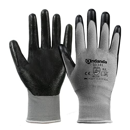 ANDANDA Work Gloves, Smart Touch, 3D Comfort Stretch Fit, Nitrile Coated Work Gloves with Grip, Seamless Knit Nylon Work Gloves Men Suitable for Warehousing, Logistics, Handling, Black（L）, 1 Pair