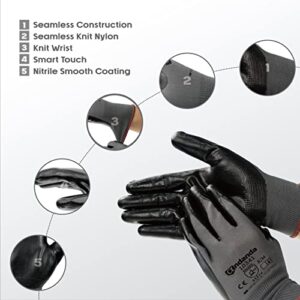 ANDANDA Work Gloves, Smart Touch, 3D Comfort Stretch Fit, Nitrile Coated Work Gloves with Grip, Seamless Knit Nylon Work Gloves Men Suitable for Warehousing, Logistics, Handling, Black（L）, 1 Pair