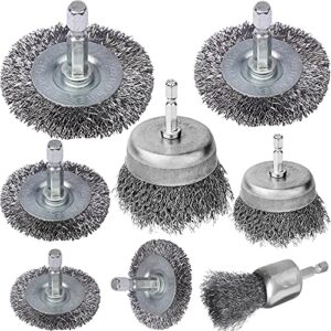 wire brush wheel cup brush set, 8 piece 1/4inch hex shank coarse crimped carbon steel wire wheel for removal, stripping and abrasive for drill attachment