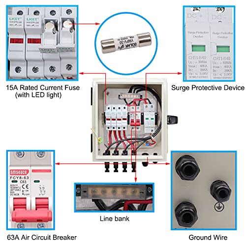 TWTADE Metal Solar Combiner Box,4 String PV Combiner Box with LED 15A Rated Current Fuse and 63A Air Circuit Breaker & Surge Protective Device,for On/Off Grid Solar Panel System