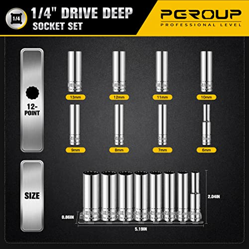 pgroup 1/4 Inch Drive Socket Set - 8 Piece Metric 12-Point Deep Socket Set (6mm, 7mm, 8mm, 9mm, 10mm, 11mm, 12mm, 13mm)- Cr-V Steel with Sturdy Holder - 50BV30