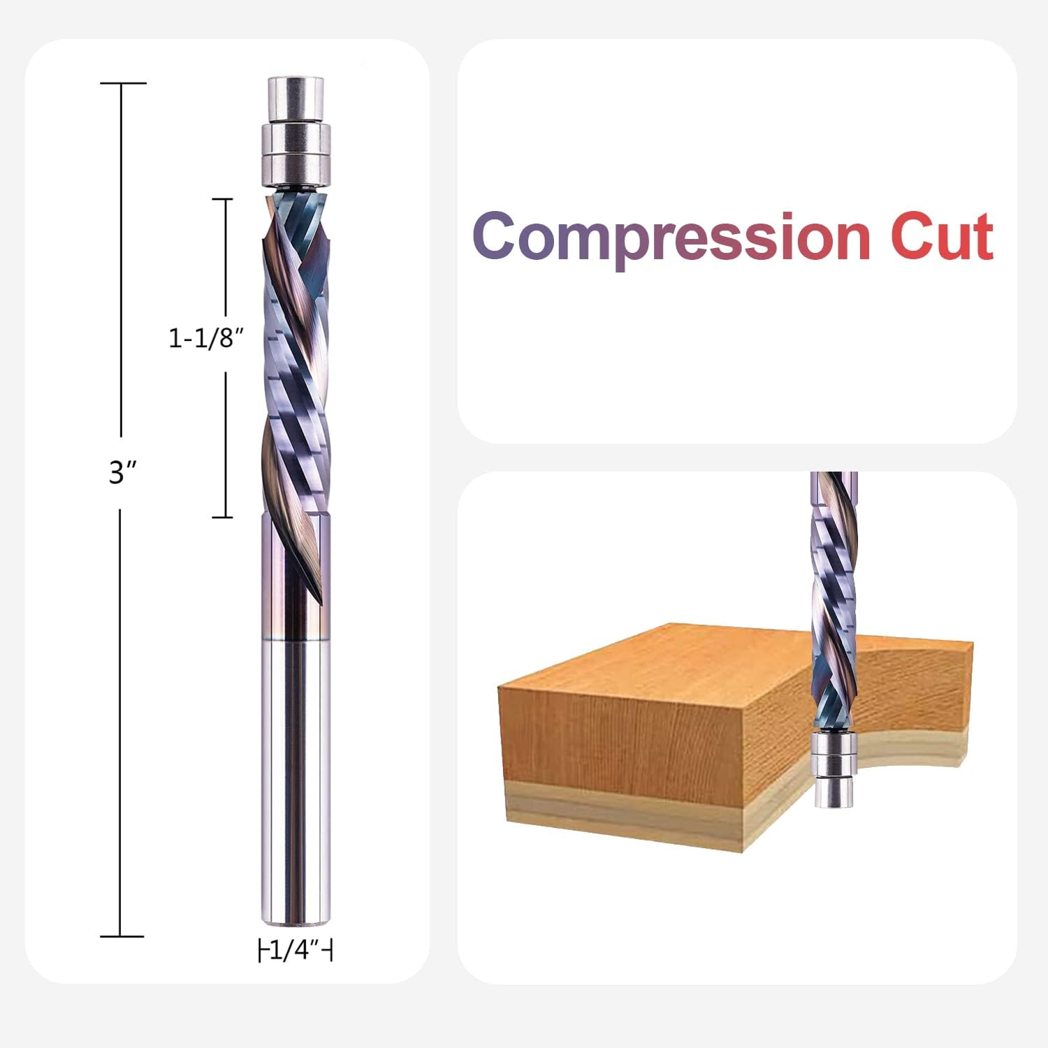 SpeTool Compression (up&Down) Spiral Flush Trim Router Bit Solid Carbide 1-1/8 Inch Cutting Length 1/4 Inchs Shank with Bottom Bearing Pattern Router Bit for Woodwoking