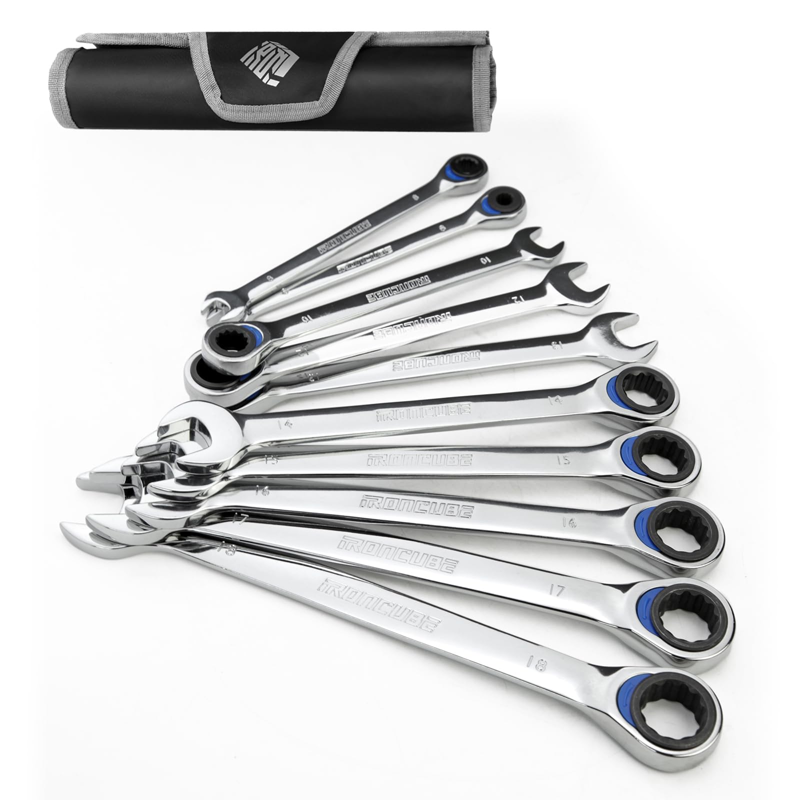 ironcube Ratcheting Combination Wrench Set, 10-Piece Ratchet Wrenches, Metric 6mm to 18mm, Mirror Polished, 72 Teeth Gear, with Carrying Bag, Tool Gifts for Father