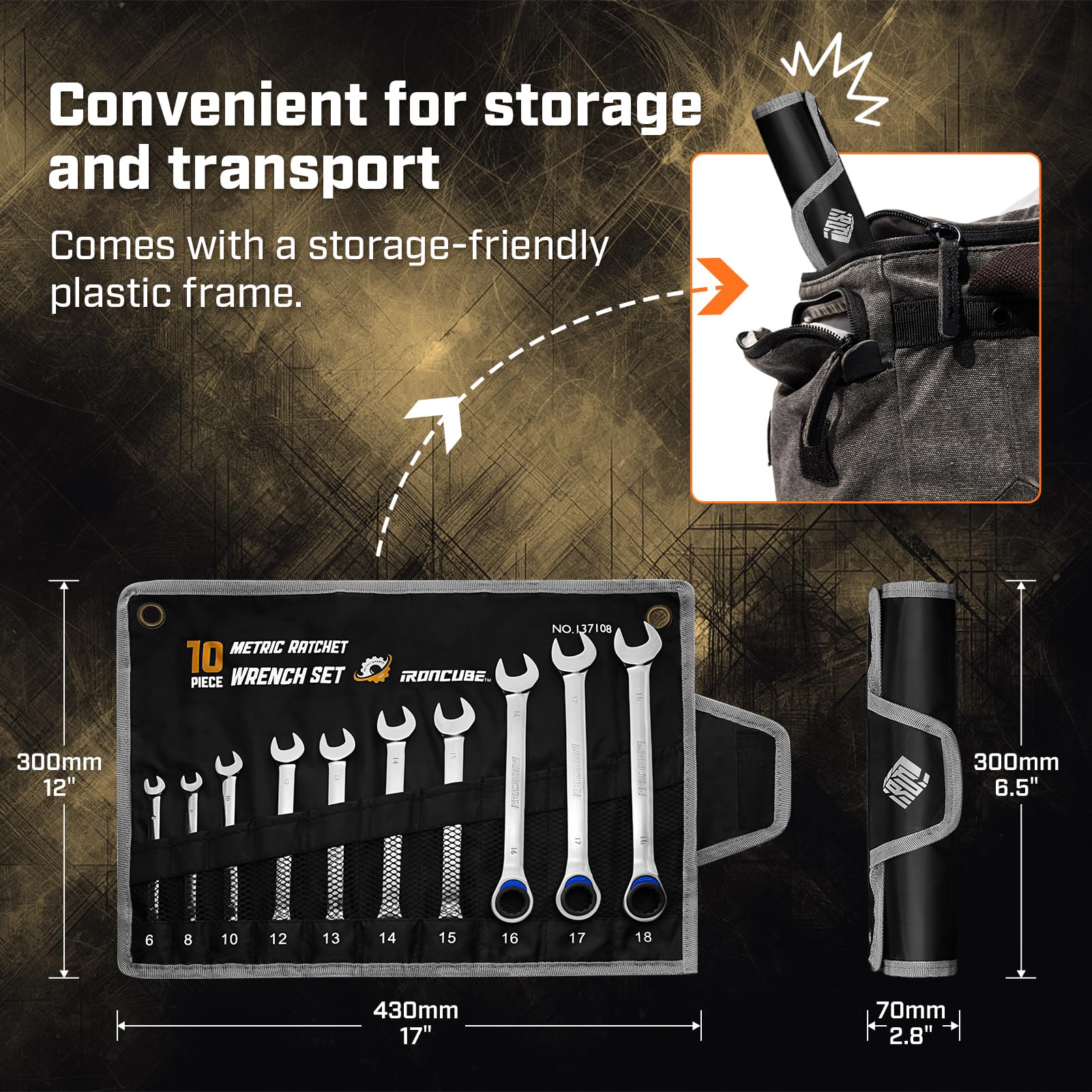 ironcube Ratcheting Combination Wrench Set, 10-Piece Ratchet Wrenches, Metric 6mm to 18mm, Mirror Polished, 72 Teeth Gear, with Carrying Bag, Tool Gifts for Father