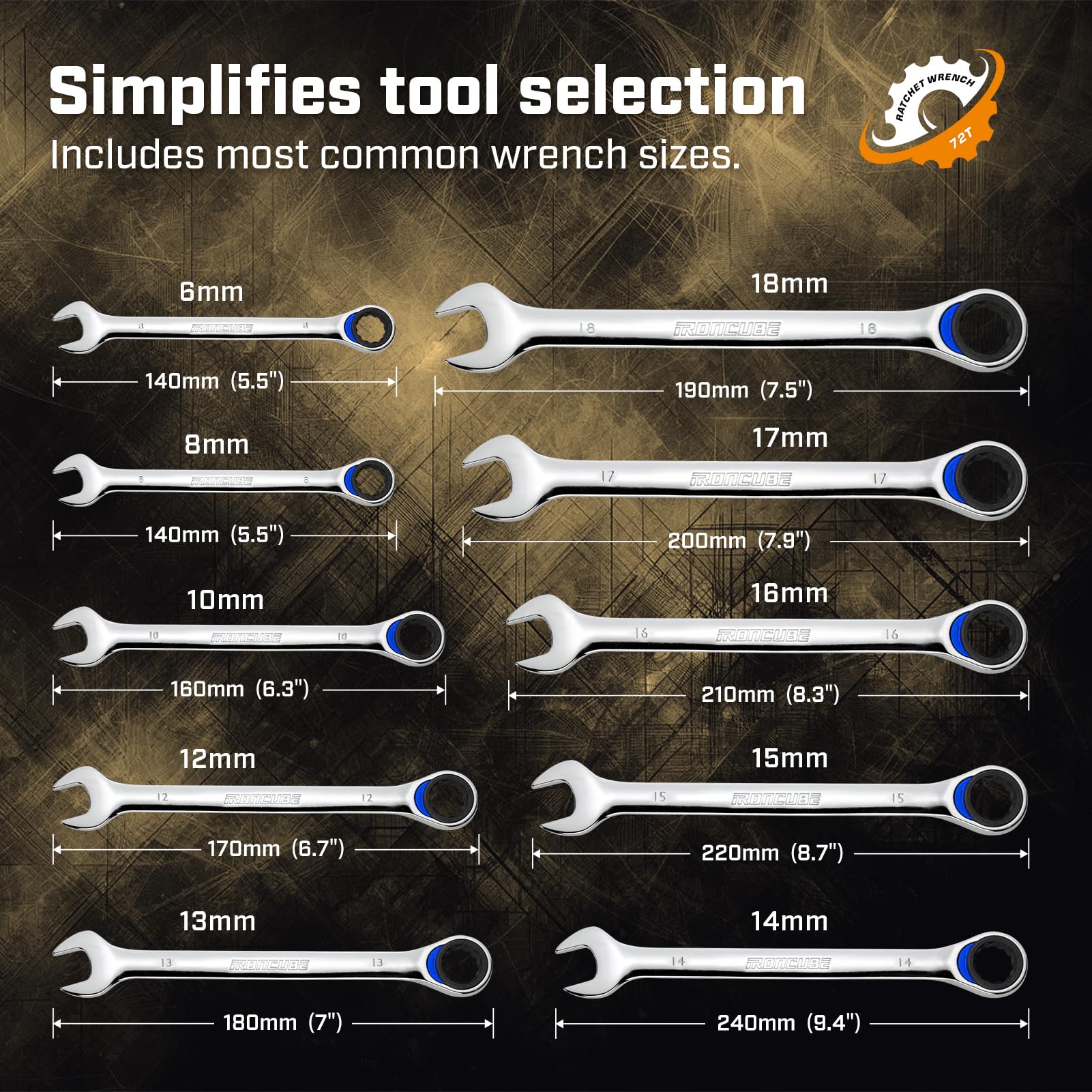 ironcube Ratcheting Combination Wrench Set, 10-Piece Ratchet Wrenches, Metric 6mm to 18mm, Mirror Polished, 72 Teeth Gear, with Carrying Bag, Tool Gifts for Father