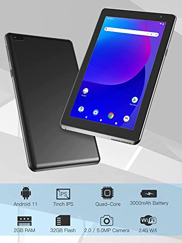 ATOZEE Android 11.0 Tablet, 7 Inch Tablets, Quad-Core 1.5GHz Processor, 32GB Storage, 2GB RAM, Dual Camera,1024 x 600 IPS HD Display Screen,128GB Expand, WiFi, BT, Black 7" Tablet.