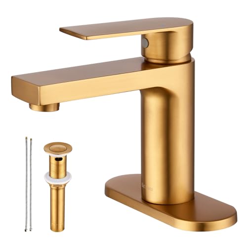 Aktines Bathroom Sink Faucet in Brushed Gold, Brass Bathroom Faucets with Pop Up Drain, Modern Single Hole Faucet for Vanity/RV/Lavatory.