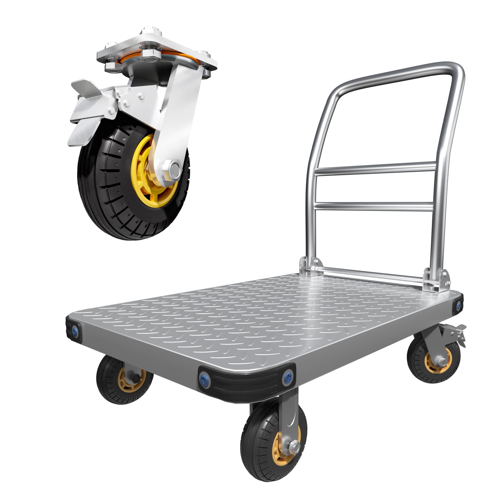 Heavy Duty Platform Truck Flat Cart Hand Trucks,2000Lbs Steel Push Cart Dolly with Brake Design, 36 x 24in Large Flatbed with 5'' 360 Degree Swivel Wheels for Easy Storage