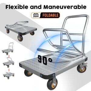 Heavy Duty Platform Truck Flat Cart Hand Trucks,2000Lbs Steel Push Cart Dolly with Brake Design, 36 x 24in Large Flatbed with 5'' 360 Degree Swivel Wheels for Easy Storage