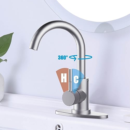 Bar Sink Faucet, Single Hole Bathroom Sink Faucet, 360° Swivel Spout for Kitchen Small RV Campers Mini Restroom Utility Outdoor Faucet for Farmhouse Vanity Lavatory, with 6" Deck Plate -Brushed Nickel