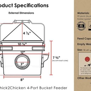 RentACoop Chick2Chicken 10lb BPA-Free 4-Port Feeder - Includes Anti-Roost Cone, Slider Port Cover, and Lid - Suitable for up to 20 Chicks & 12 Adult Chickens