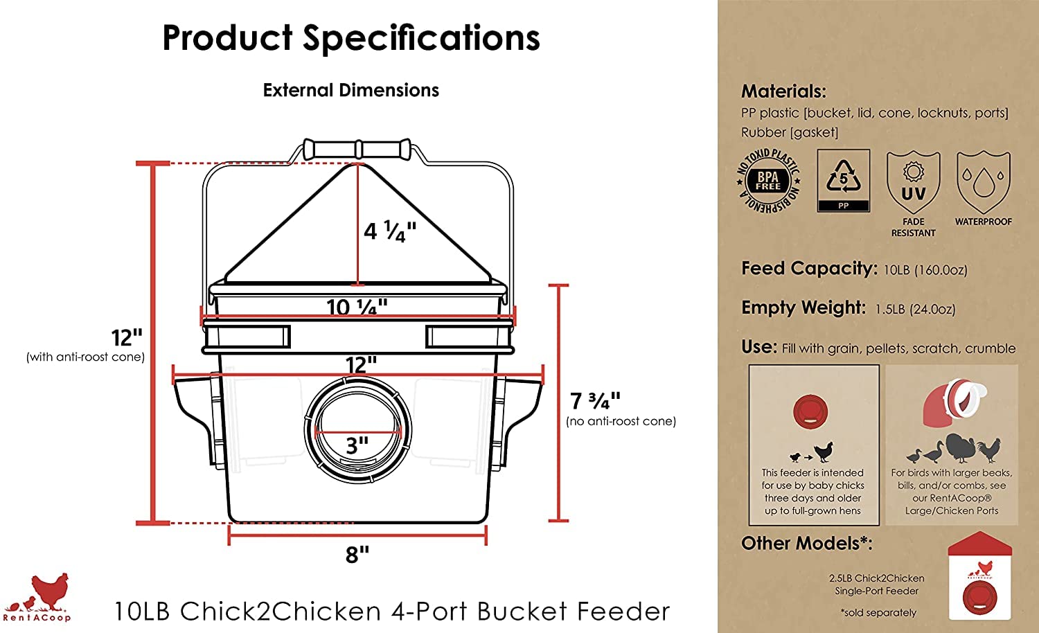 RentACoop Chick2Chicken 10lb BPA-Free 4-Port Feeder - Includes Anti-Roost Cone, Slider Port Cover, and Lid - Suitable for up to 20 Chicks & 12 Adult Chickens