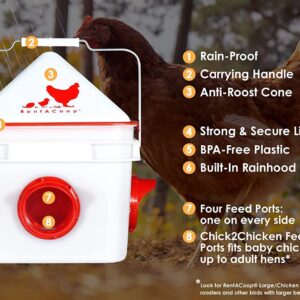 RentACoop Chick2Chicken 10lb BPA-Free 4-Port Feeder - Includes Anti-Roost Cone, Slider Port Cover, and Lid - Suitable for up to 20 Chicks & 12 Adult Chickens