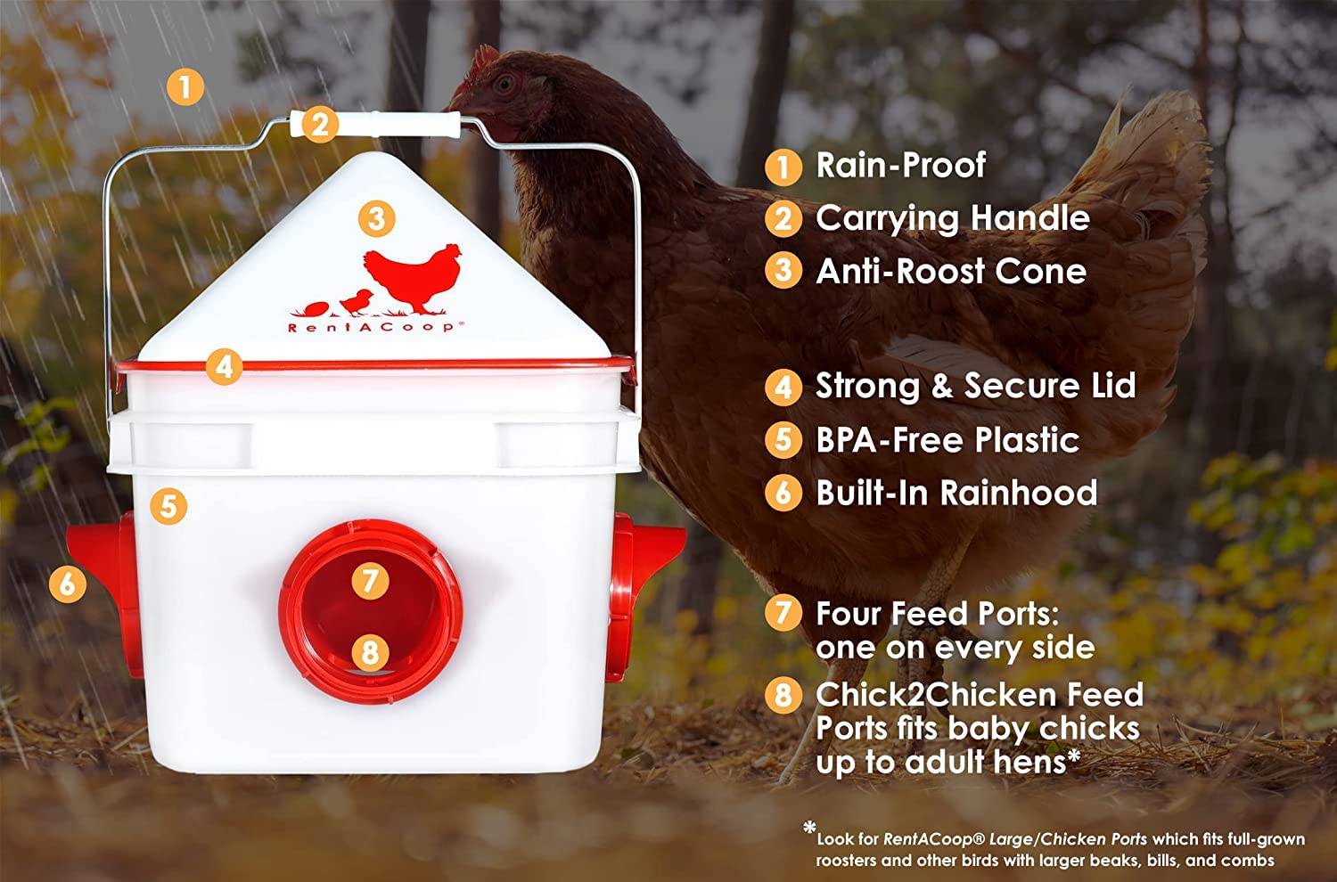 RentACoop Chick2Chicken 10lb BPA-Free 4-Port Feeder - Includes Anti-Roost Cone, Slider Port Cover, and Lid - Suitable for up to 20 Chicks & 12 Adult Chickens