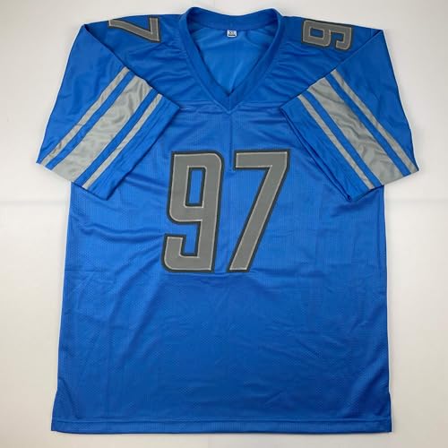 Autographed/Signed Aidan Hutchinson Detroit Blue Football Jersey Beckett BAS COA