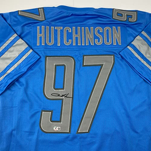 Autographed/Signed Aidan Hutchinson Detroit Blue Football Jersey Beckett BAS COA