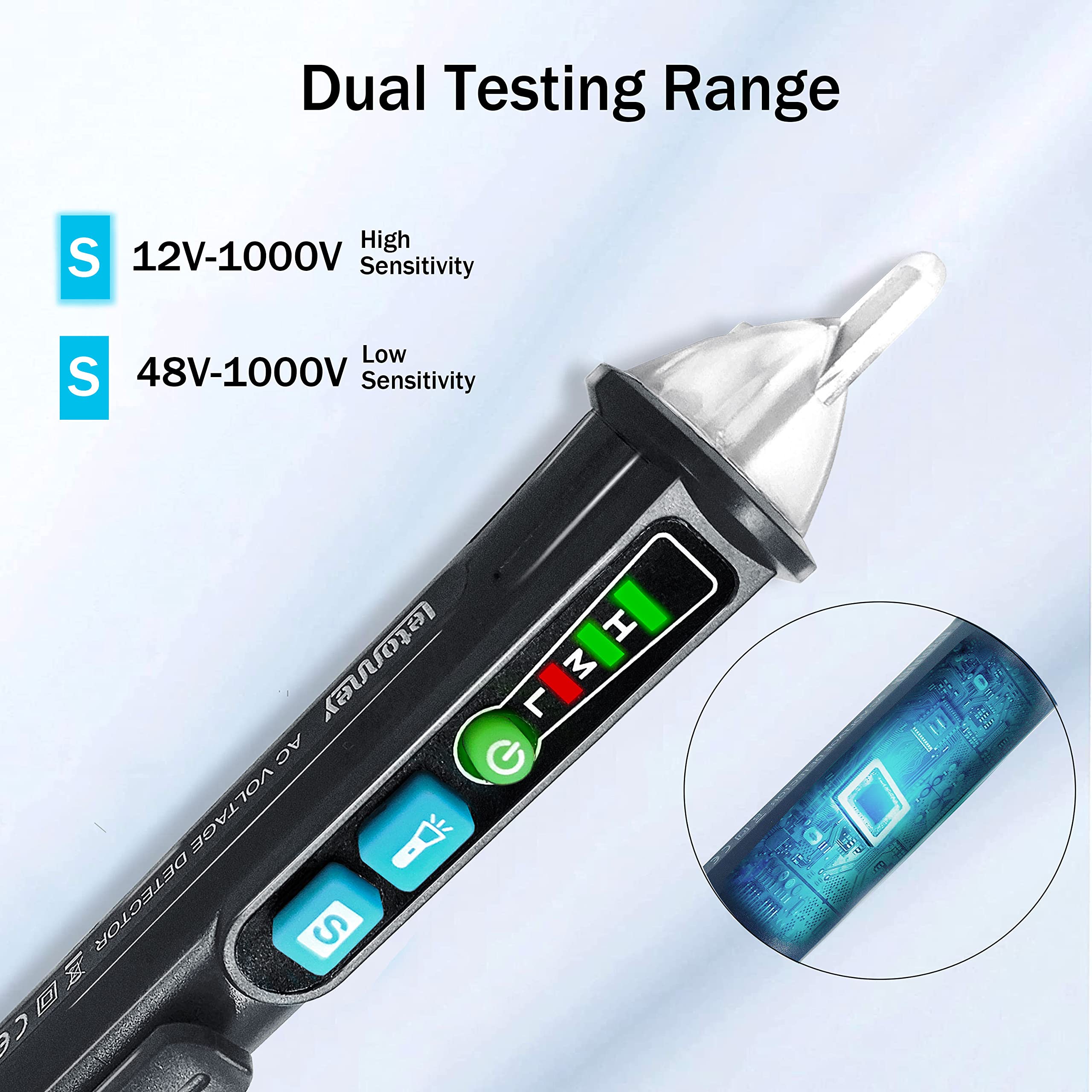 2PCS LETONNEY Voltage Tester, Non Contact Voltage Detector, Circuit Tester Dual Range Voltage Sniffer AC 12V-1000V/48V-1000V, Live/Null Wire Tester with Alarm and Flashlight (Gray)