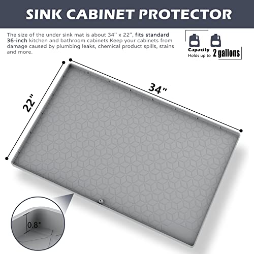 Under Sink Mat, Avkast 34" x 22" Silicone Under Sink Liner for Kitchen & Bathroom Sink Base Cabinets,Under Sink Drip Tray Sink Cabinet Protector - Grey