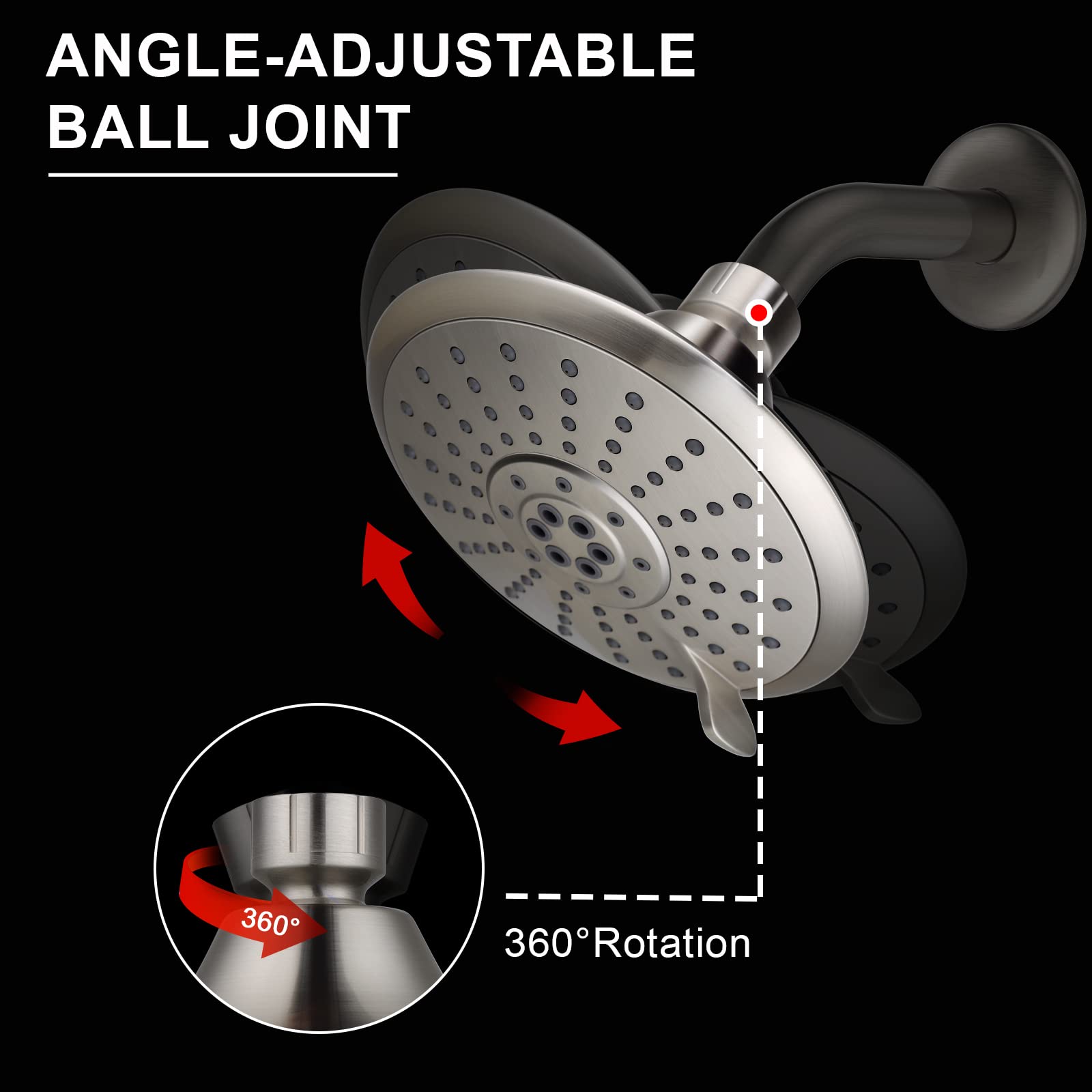 JDO Shower Head, High Pressure Rain Showerhead, 5 Spray Settings, Luxury Bathroom Shower Heads with Adjustable Angles, Anti-Clogging Silicone Nozzles