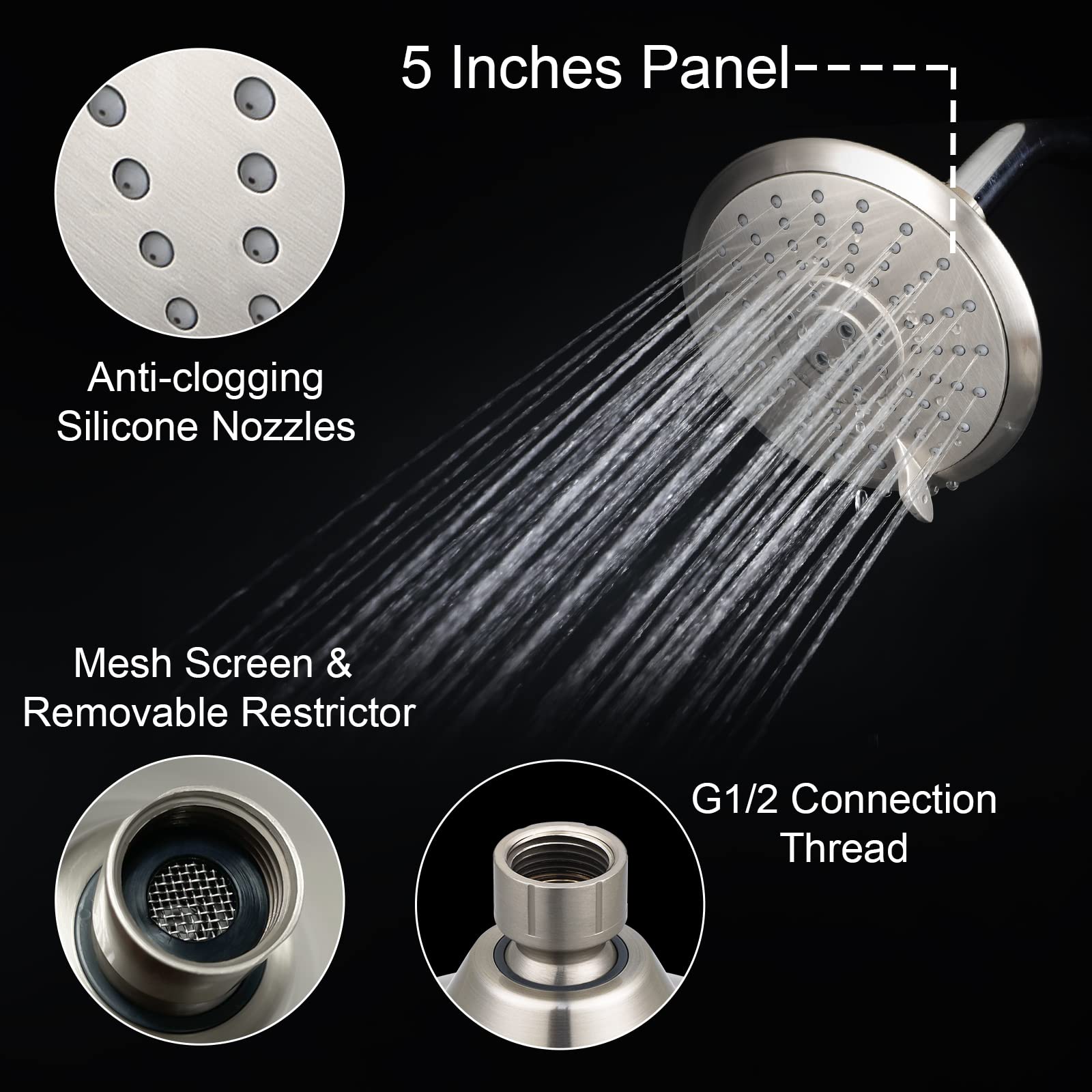 JDO Shower Head, High Pressure Rain Showerhead, 5 Spray Settings, Luxury Bathroom Shower Heads with Adjustable Angles, Anti-Clogging Silicone Nozzles