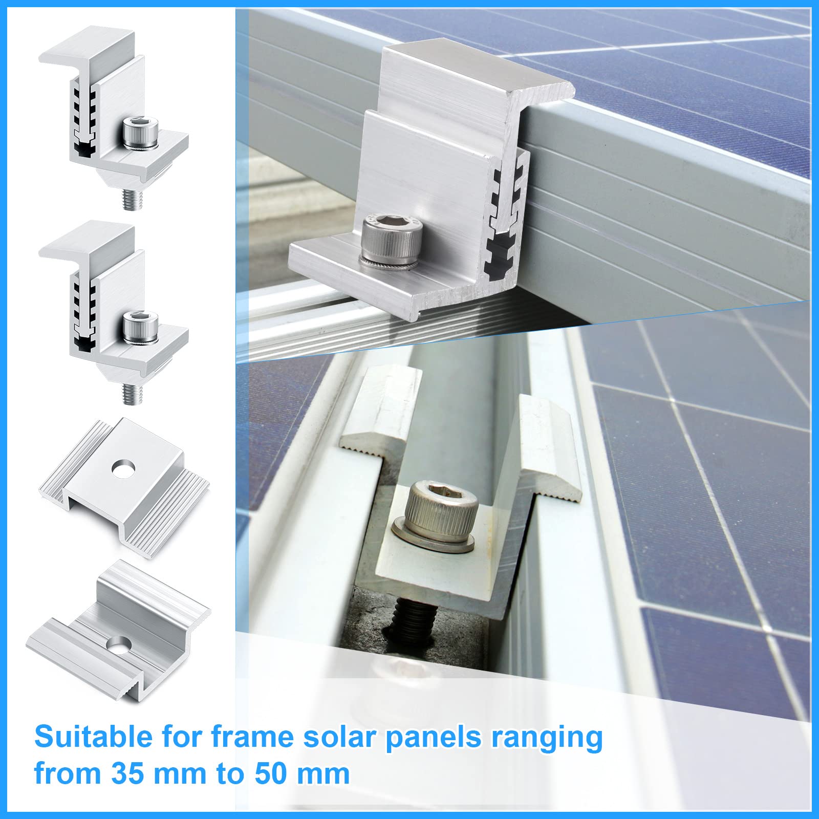 Zhengmy Solar Panel Mid Clamps 1.06 Inch Solar Panel Bracket Aluminum Solar Mid Clam with Solar Mounting Brackets 32-50 mm Panel Clamps Adjustable End Clamps Panel Clamps (28 Pieces)