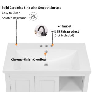 LUMISOL 30 Inch Bathroom Vanity with Sink, Modern Bathroom Cabinet with Ceramic Sink Top, Bathroom Vanity Set with Drawers and Shelves (White)