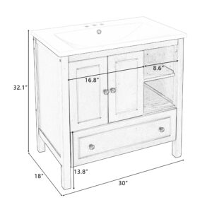 LUMISOL 30 Inch Bathroom Vanity with Sink, Modern Bathroom Cabinet with Ceramic Sink Top, Bathroom Vanity Set with Drawers and Shelves (White)