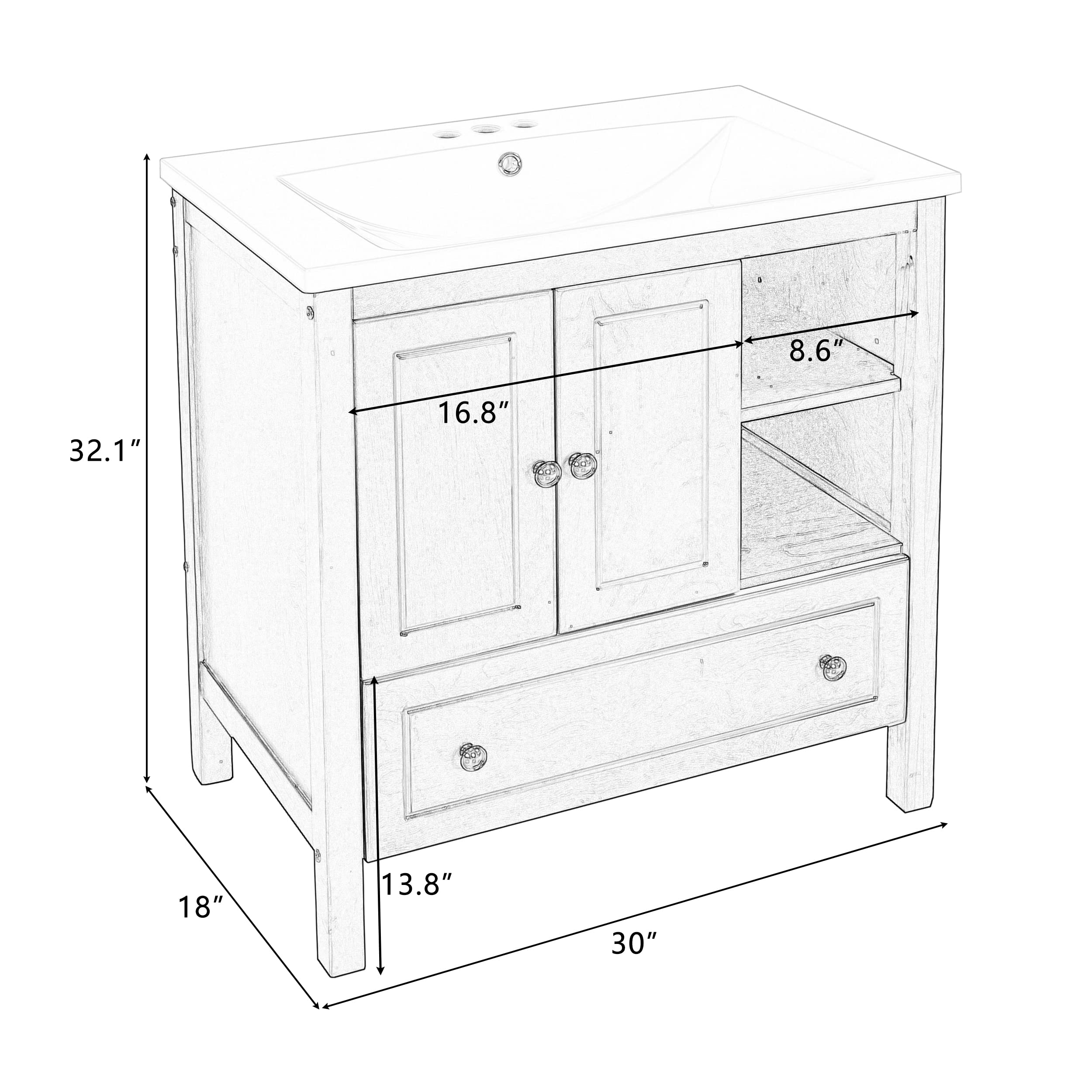 LUMISOL 30 Inch Bathroom Vanity with Sink, Modern Bathroom Cabinet with Ceramic Sink Top, Bathroom Vanity Set with Drawers and Shelves (White)