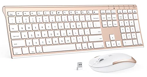 Wireless Keyboard and Mouse Combo, 2.4GHz Ultra-Slim Aluminum Rechargeable Keyboard with Whisper-Quiet Mouse for Windows, Laptop, PC, Desktop - White Gold