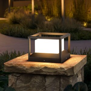 mvbt outdoor post cap light, modern medium-sized high voltage wired fence deck cap light landscape ip65 waterproof lantern column lamp for flat surface patio posts garden decoration（‎9"x 9"x 6.5"）