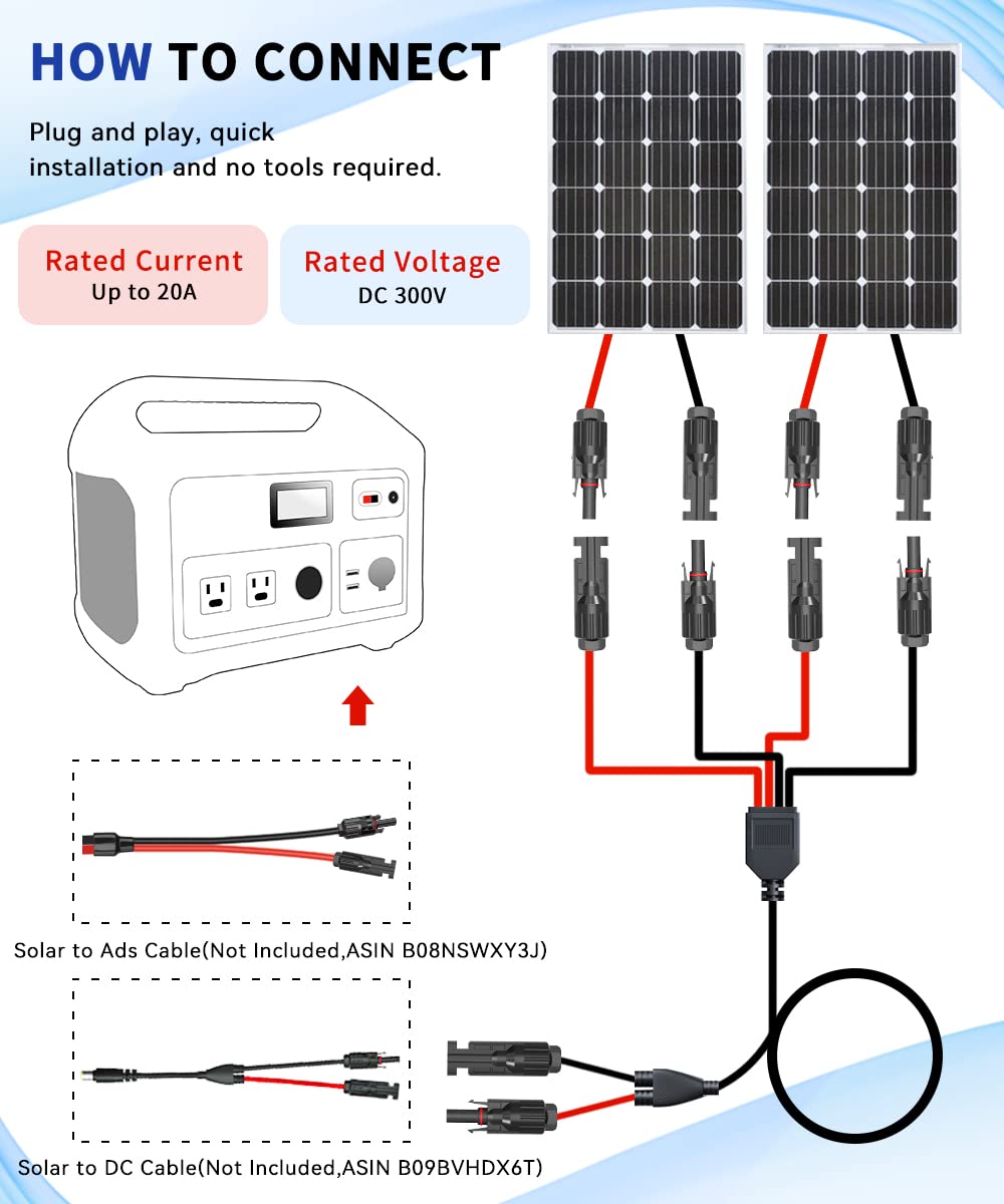 ELECTOP Solar Panel Connector Extension Cable 3.5Ft, 2-in-1 Solar Y Branch Connectors Parallel Adapter Cable, Solar Panel Wire Splitter Male/Female Plug Tool Kit for Solar Panels Solar Generator RV