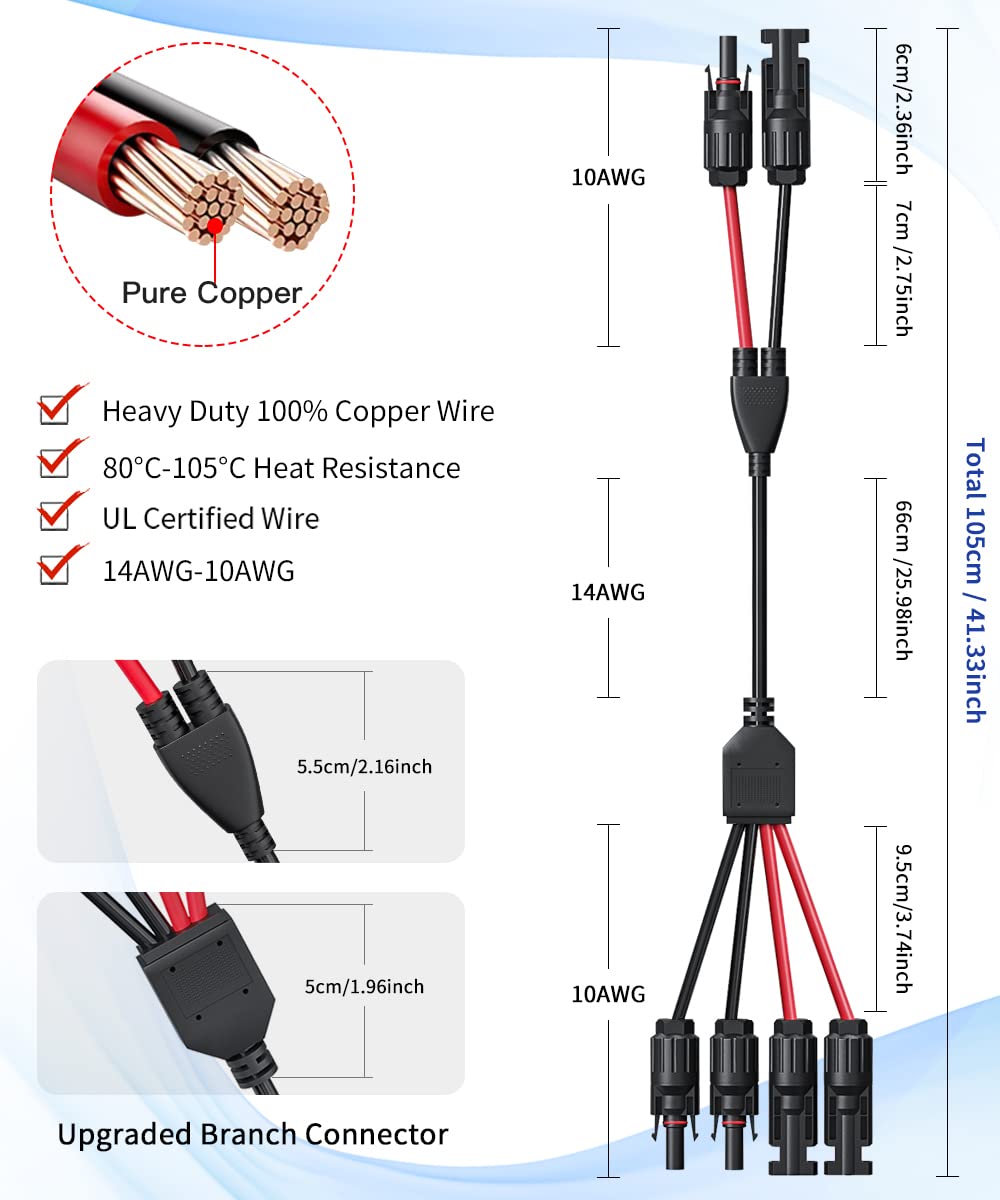 ELECTOP Solar Panel Connector Extension Cable 3.5Ft, 2-in-1 Solar Y Branch Connectors Parallel Adapter Cable, Solar Panel Wire Splitter Male/Female Plug Tool Kit for Solar Panels Solar Generator RV