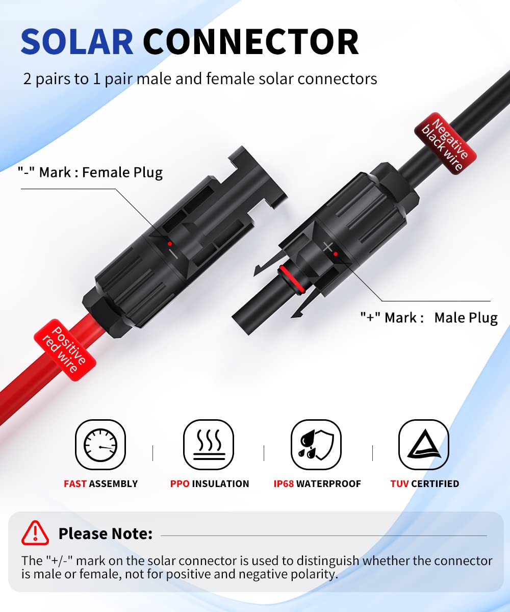 ELECTOP Solar Panel Connector Extension Cable 3.5Ft, 2-in-1 Solar Y Branch Connectors Parallel Adapter Cable, Solar Panel Wire Splitter Male/Female Plug Tool Kit for Solar Panels Solar Generator RV