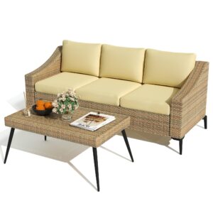 YITAHOME 2 Piece Patio Furniture Set, 3 Seater Wicker Outdoor Sofa with Thick Cushions & Rattan Table, Patio Conversation Sectional Sofa Set for Deck, Porch, Balcony - Khaki