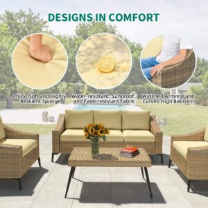 YITAHOME 2 Piece Patio Furniture Set, 3 Seater Wicker Outdoor Sofa with Thick Cushions & Rattan Table, Patio Conversation Sectional Sofa Set for Deck, Porch, Balcony - Khaki