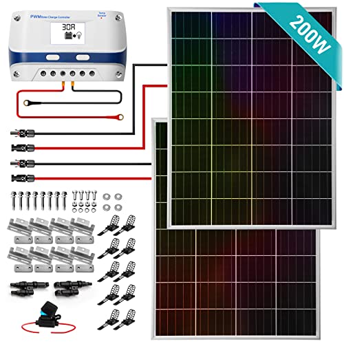 Serenelife 200 Watt Portable Solar Panel Kit, 2 Pcs 100W Monocrystalline Set with 30A PWM Controller