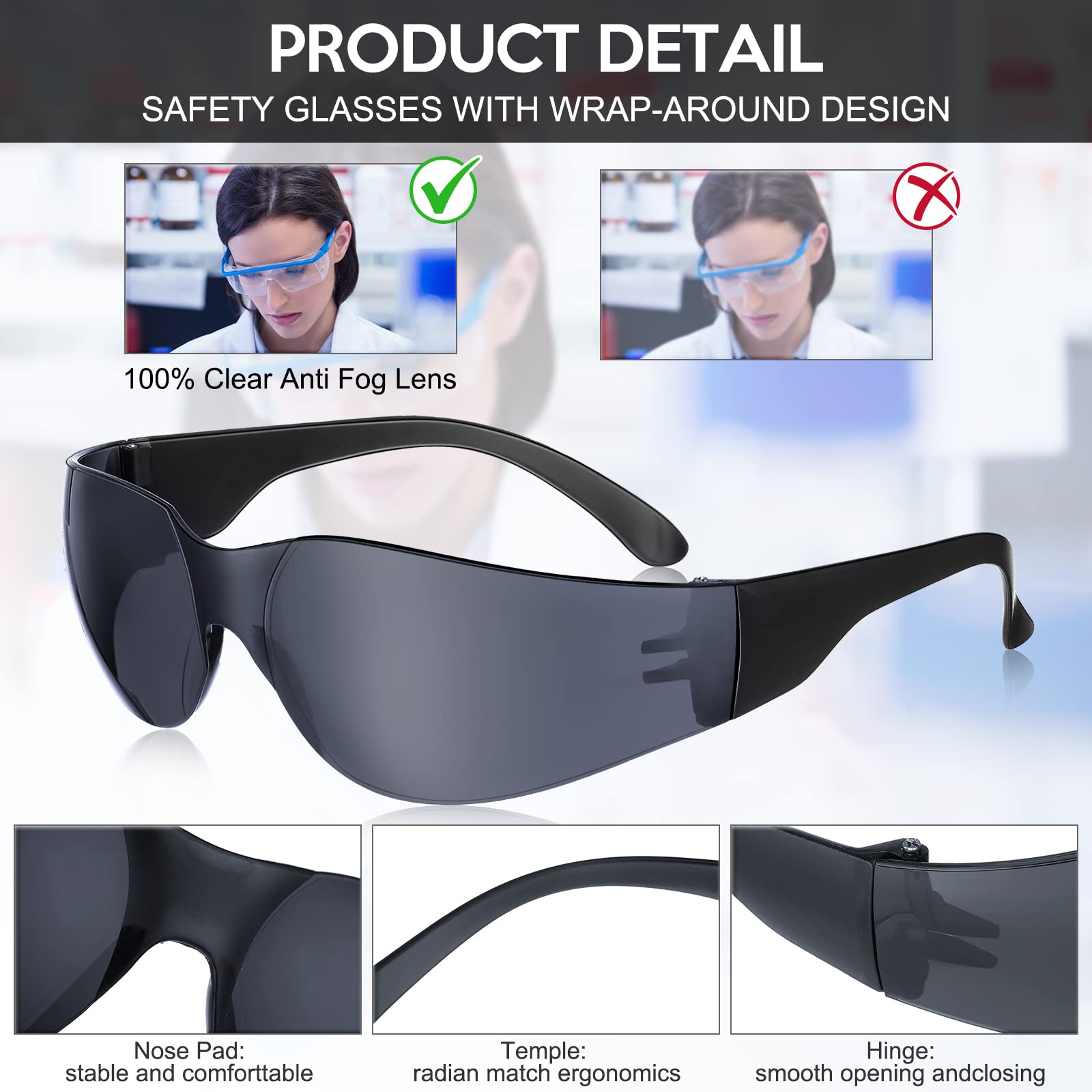 Yunsailing 96 Pieces Safety Glasses Eye Protection Glasses Anti Scratch Resistant Sunglasses for Men Women Protective Eyewear Safety Goggles for Construction, Shooting and Laboratory, Black