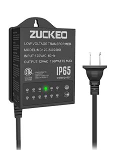 zuckeo 120w low voltage transformer outdoor landscape lighting transformers with timer & lights sensor, 120v to 12v waterproof power supply for led landscape lights spotlight pathway light etl listed