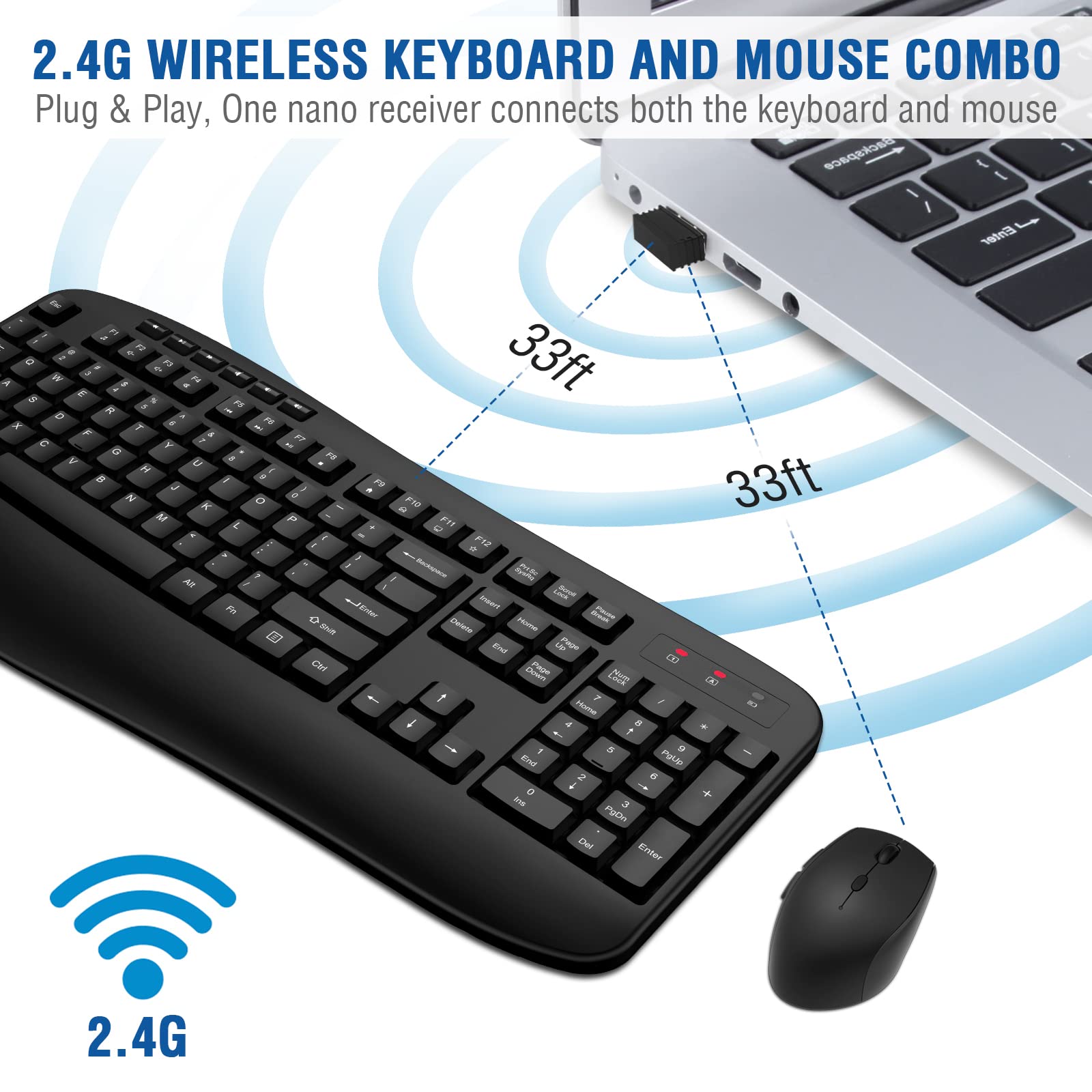 Wireless Keyboard Mouse Combo, EDJO 2.4G Full-Sized Large Wireless Keyboard with Comfortable Palm Rest and Optical Wireless Mouse for Windows, Mac OS PC/Desktops/Computer/Laptops