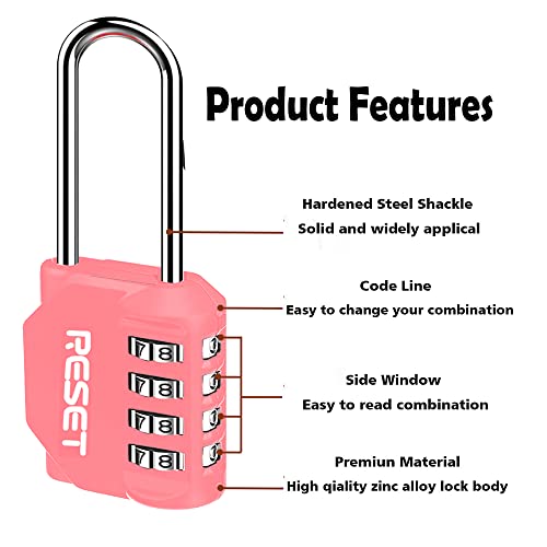 RESET-060 4 Digit Combination Padlock with 2.4 inch Long Shackle Combination Lock,Outdoor Waterproof Padlock,Indoor Padlock for School Locker Gym Locker Fence Gate Toolbox Pink