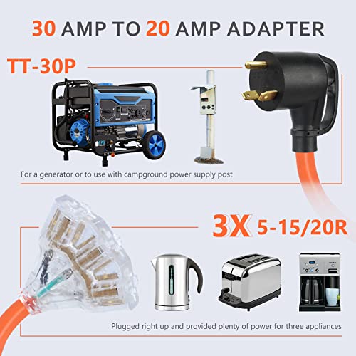 boeemi 30 Amp to 110 Adapter Rv Plug Adapter,30 Amp TT-30P to 3X 5-15R/5-20R 15 Amp/20 Amp RV Power Adapter, STW 10/3 with LED Power Indicator (12 inch)