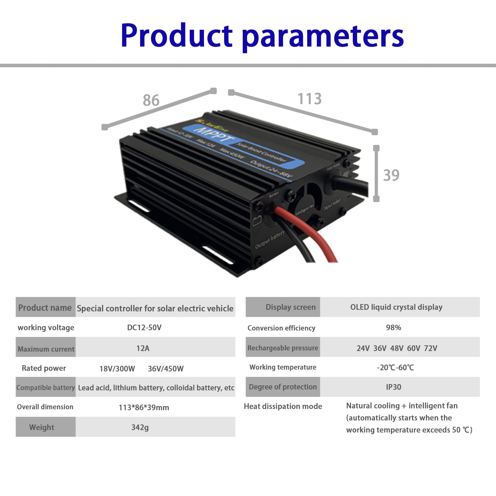 Boost MPPT Solar Charge Controller 12A 24V/36V/48V/60V/72V Lead-Acid LiFePO4 Gel Flooded Batteries etc in Golf Cart Electric Bike Ebike Solar Charge Motor Bicycle and Solar System