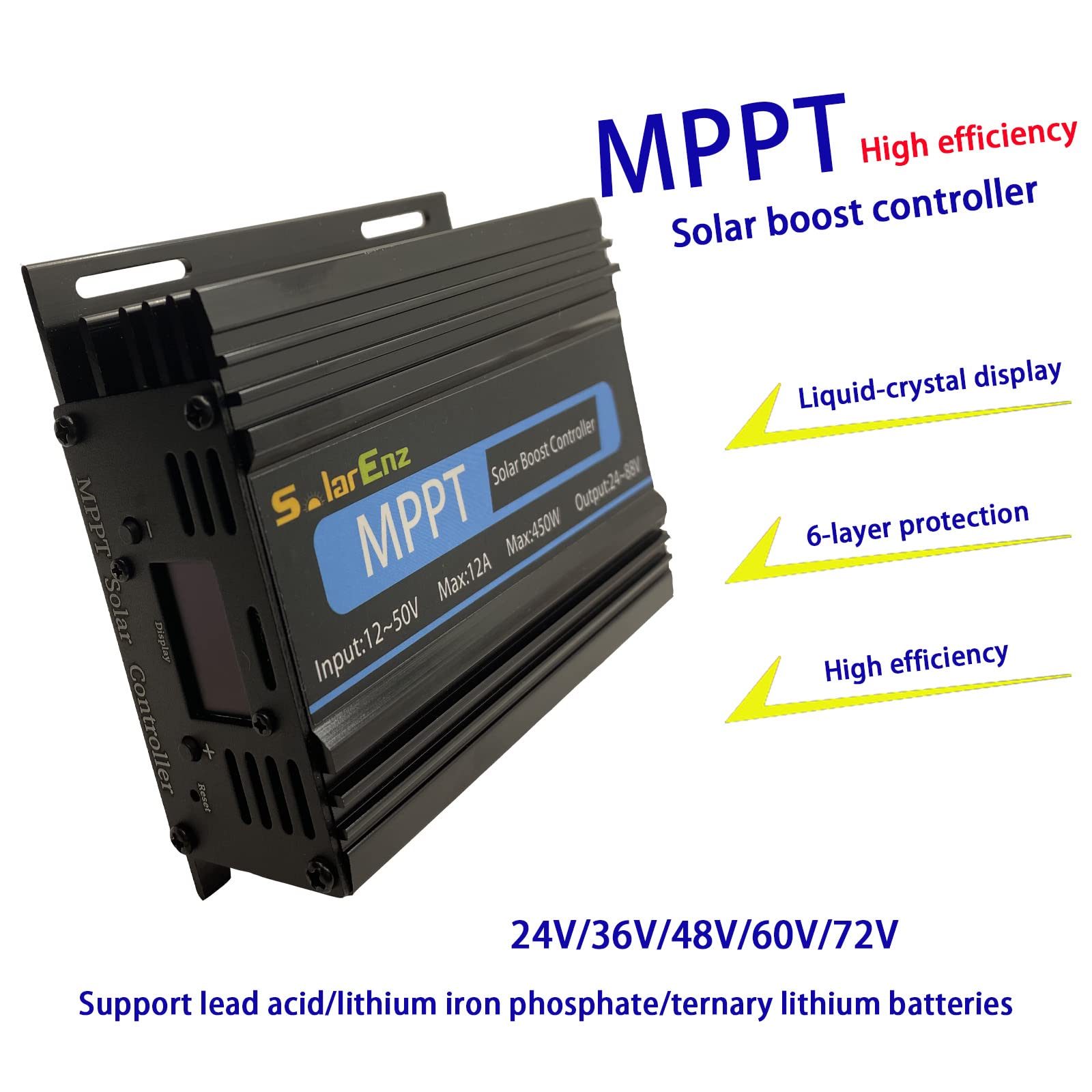 Boost MPPT Solar Charge Controller 12A 24V/36V/48V/60V/72V Lead-Acid LiFePO4 Gel Flooded Batteries etc in Golf Cart Electric Bike Ebike Solar Charge Motor Bicycle and Solar System