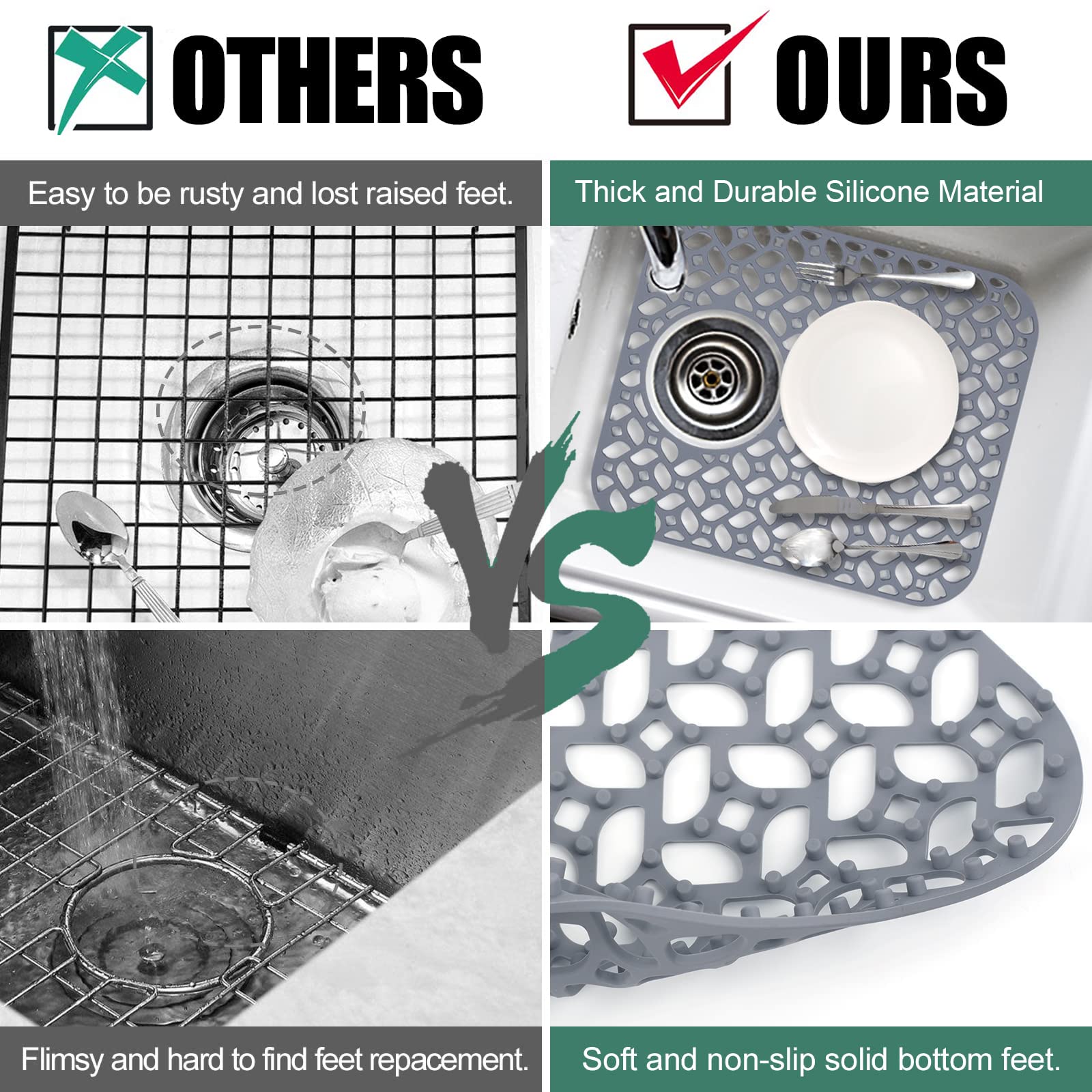 Kitchen Sink Silicone Protector Mat: 2 PCS Sink Mats for Center Drain, Folding Non-slip Support Grid Sink Mat for Bottom of Stainless Steel Porcelain Sink Protectors Mat 13.8'' x 11.8''