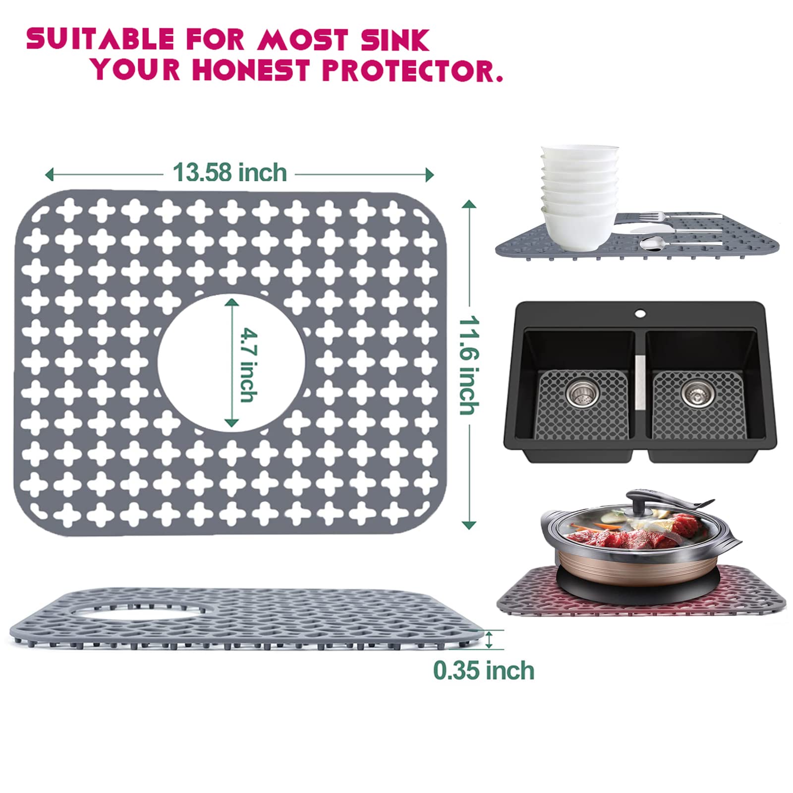 Kitchen Sink Silicone Protector Mat: 2 PCS Sink Mats for Center Drain, Folding Non-slip Support Grid Sink Mat for Bottom of Stainless Steel Porcelain Sink Protectors Mat 13.8'' x 11.8''