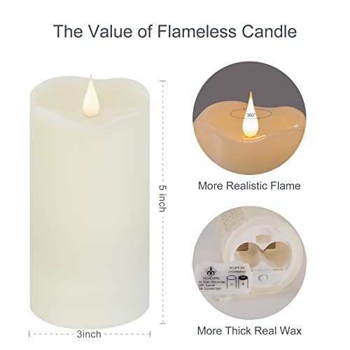 TECHLONG Flameless Candles with Remote Timer, 3D Moving Flickering Flame Battery Operated Candles Lasting 1000+ Hours, 3" x 5" Ivory Real Wax Electric LED Pillar Candles, Set of 2