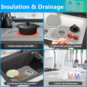 YUBIRD Sink Protectors for Kitchen Sink -13.58"x 11.6" Sink Mat, 2 PCS Silicone Kitchen Sink Mat for Bottom of Stainless Steel Sink(Grey, Rear Drain)