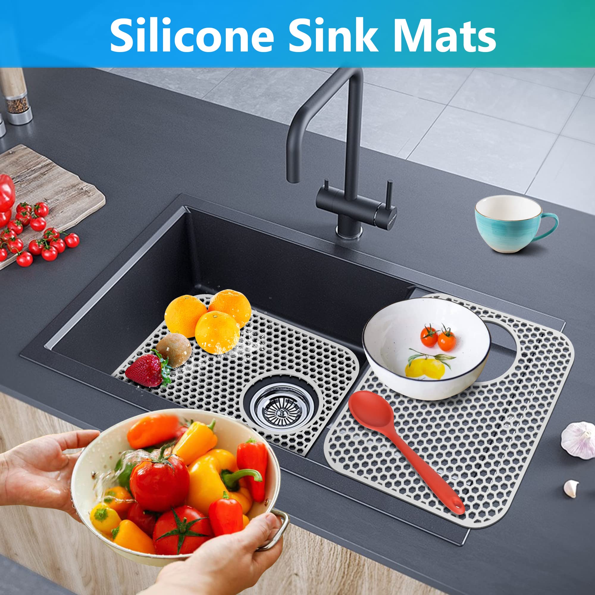 YUBIRD Sink Protectors for Kitchen Sink -13.58"x 11.6" Sink Mat, 2 PCS Silicone Kitchen Sink Mat for Bottom of Stainless Steel Sink(Grey, Rear Drain)